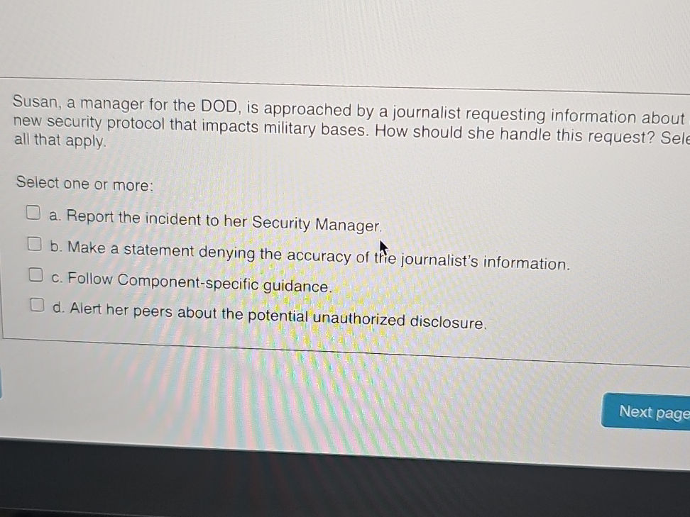 Susan, a manager for the DOD, is approached | StudyX