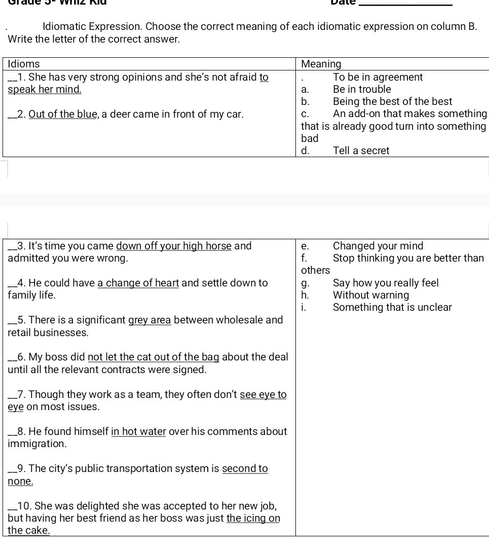 Idiomatic Expression. Choose the correct | StudyX