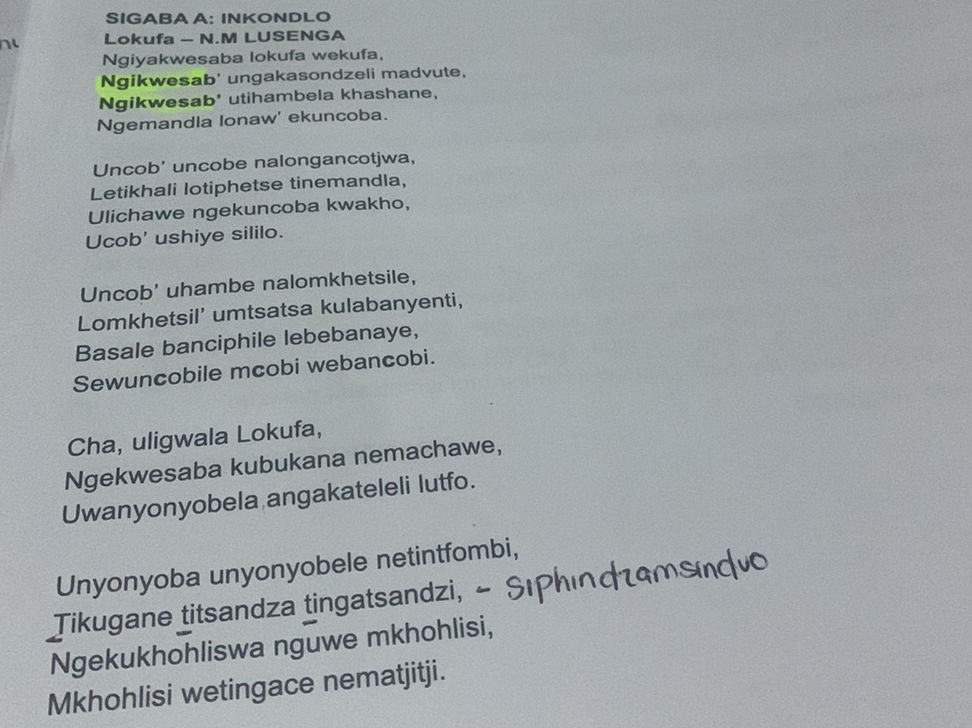 SIGABA A: INKONDLO Lokufa - N.M LUSENGA | StudyX