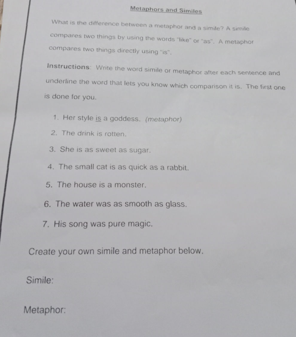 Metaphors and Similes What is the | StudyX