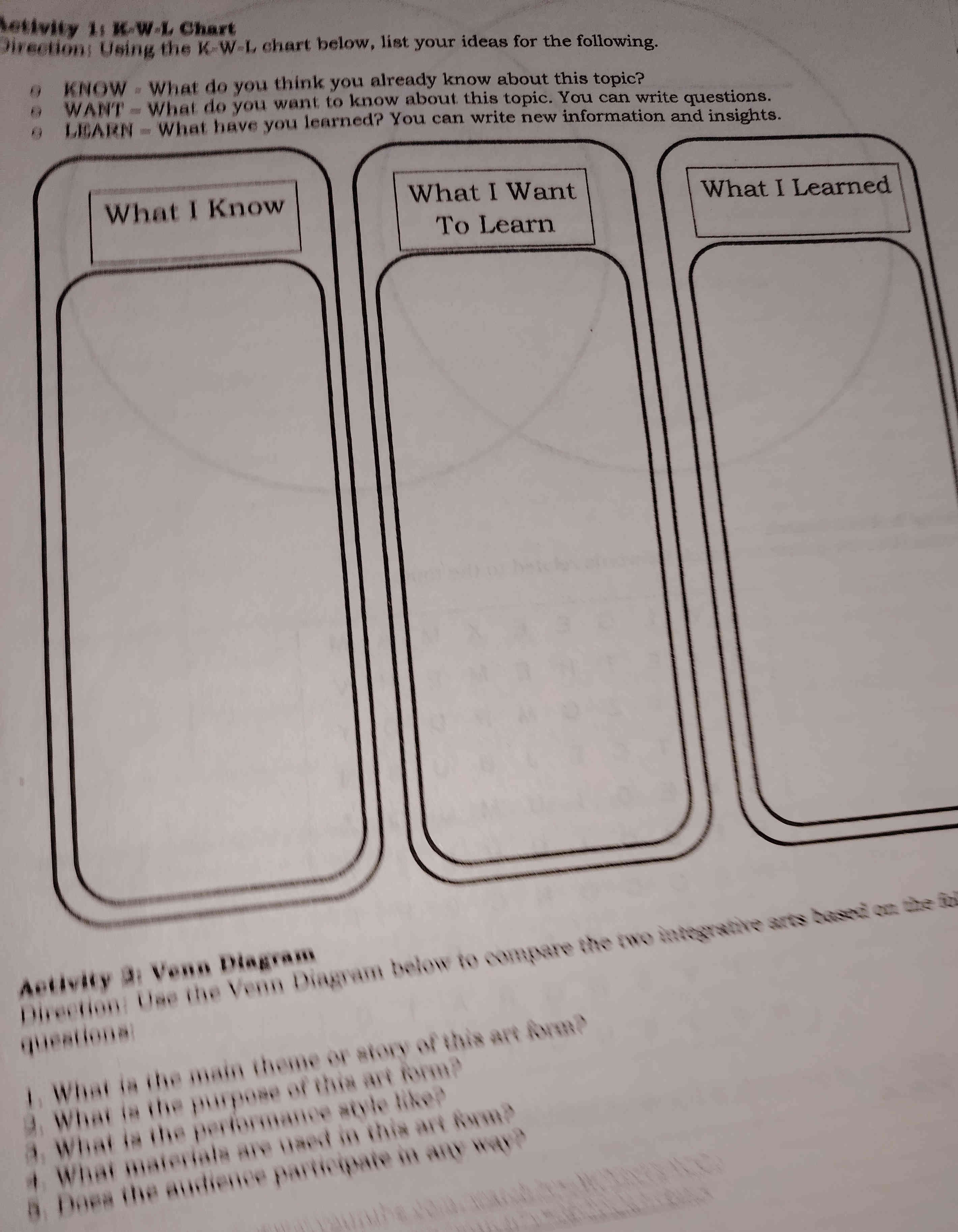 Activity 1: K-W-L Chart Direction: Using the | StudyX