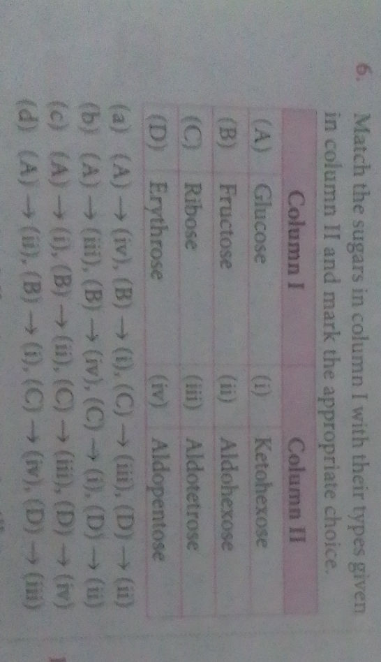 6. Match the sugars in column I with their | StudyX