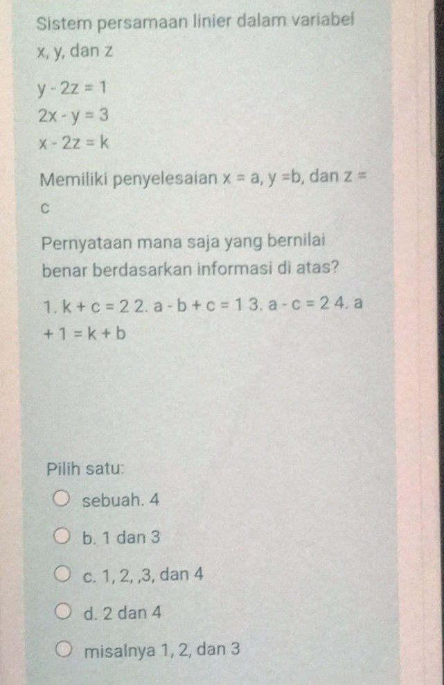 Sistem persamaan linier dalam variabel x, y, | StudyX
