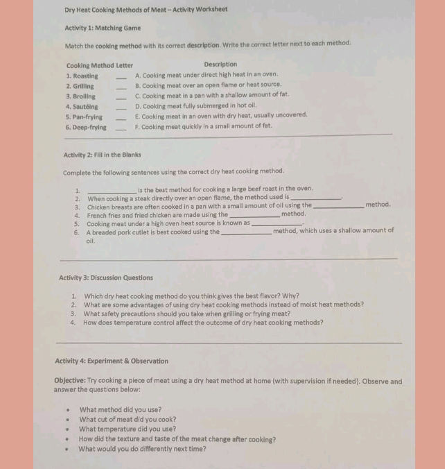Activity 1: Matching Game Match the cooking | StudyX