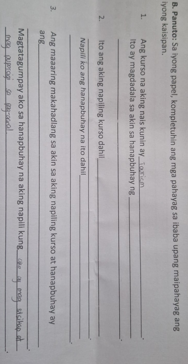 B. Panuto: Sa iyong papel, kompletuhin ang | StudyX