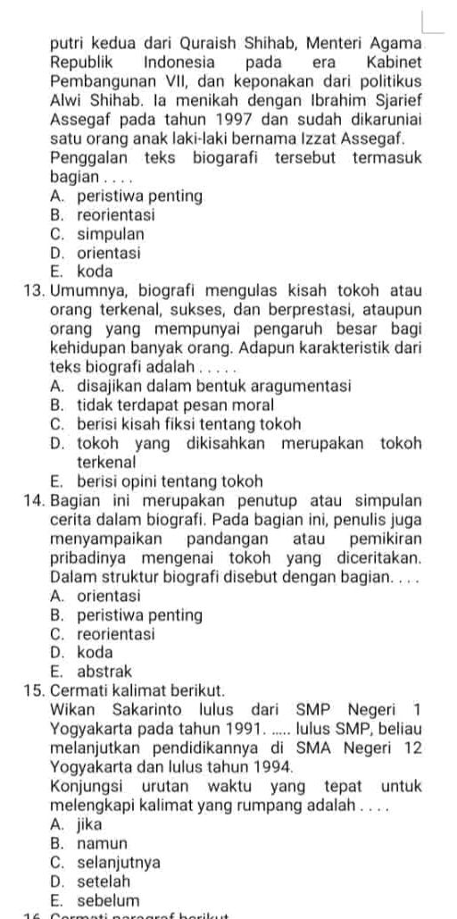 12. Penggalan teks biografi tersebut | StudyX