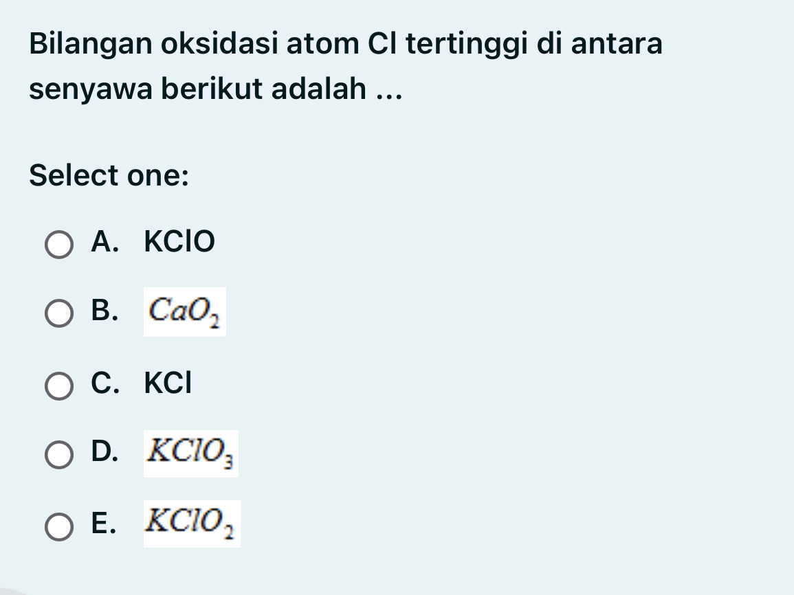 Bilangan oksidasi atom Cl tertinggi di | StudyX