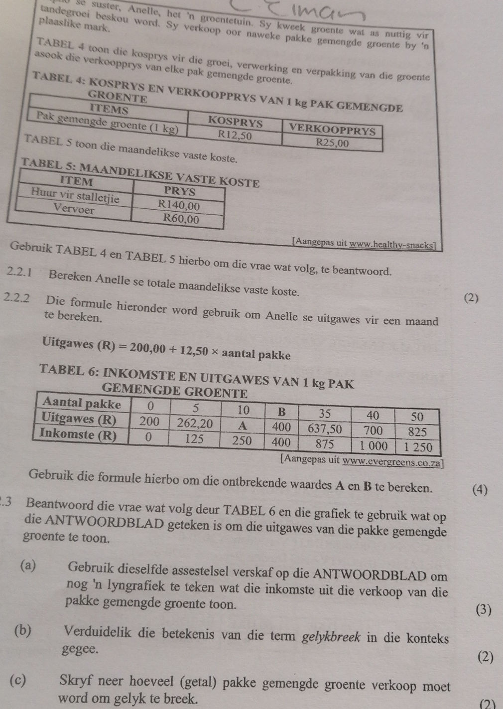 TABEL 4: KOSPRYS EN VERKOOPPRYS VAN 1 kg PAK | StudyX