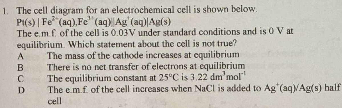 1. The cell diagram for an electrochemical | StudyX