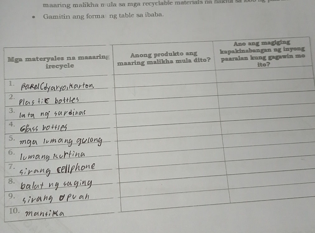 Gamitin ang form ng table sa ibaba. | Mga | StudyX