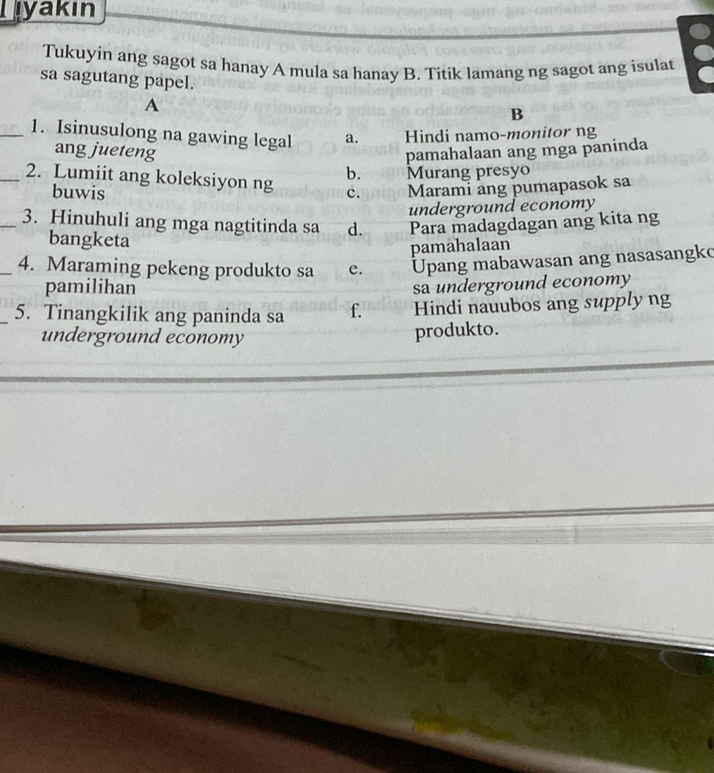 Tukuyin ang sagot sa hanay A mula sa hanay | StudyX