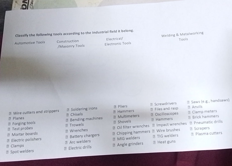 Classify the following tools according to | StudyX