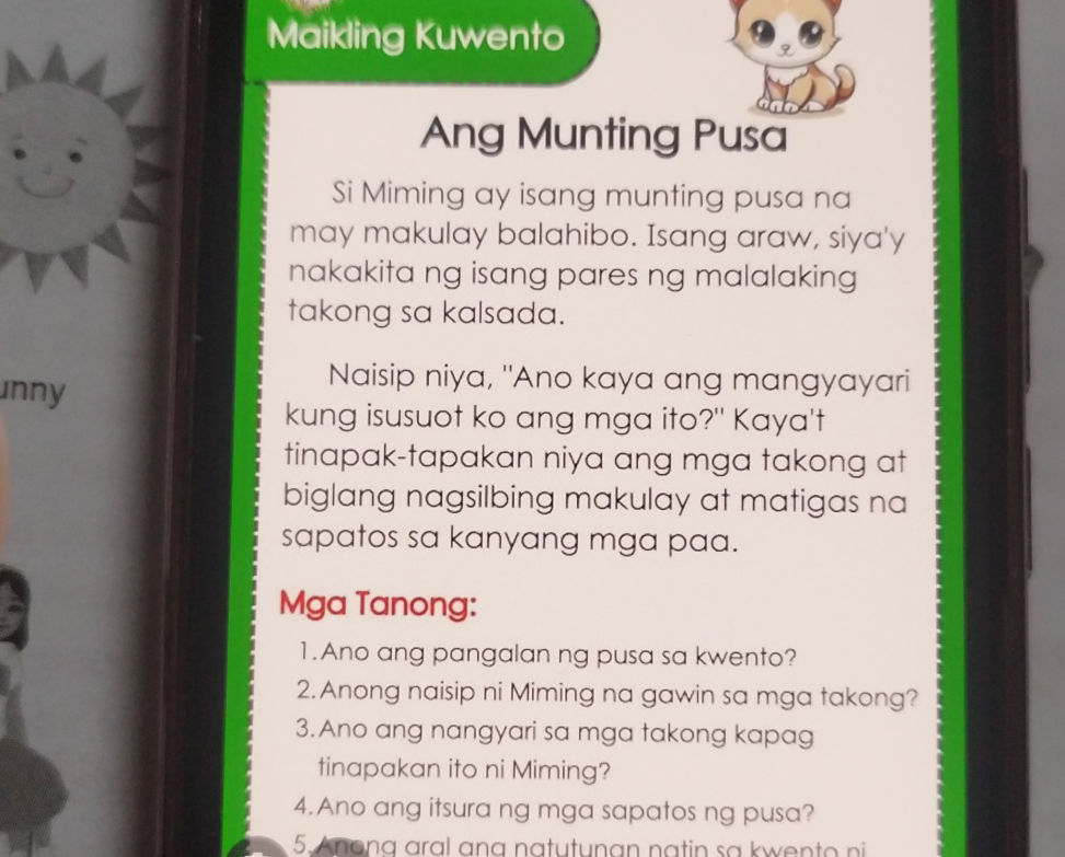 Mga Tanong: 1. Ano ang pangalan ng pusa sa | StudyX