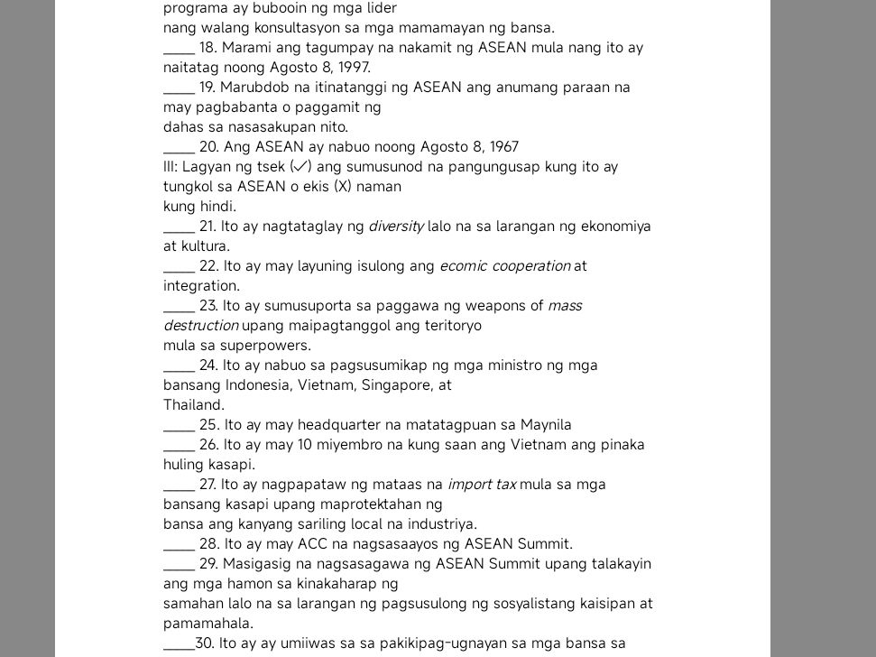 III: Lagyan ng tsek ( ) ang sumusunod na | StudyX