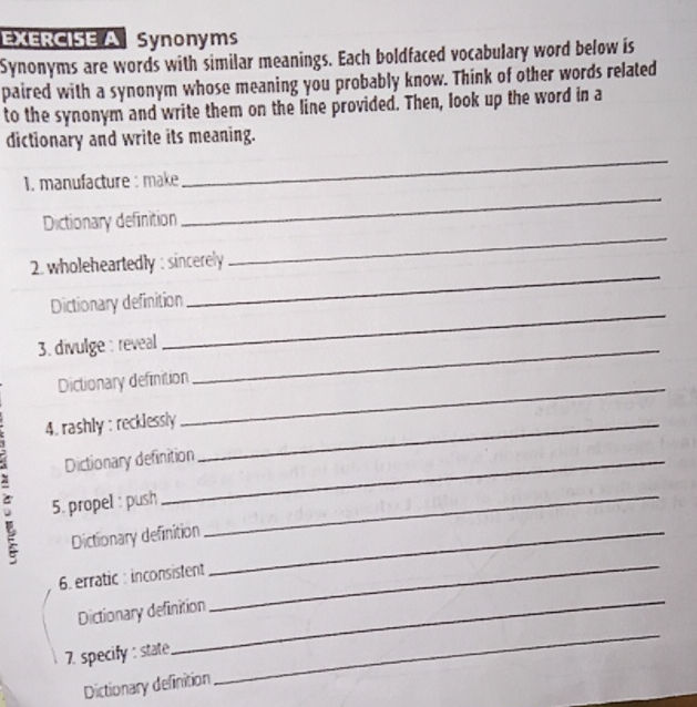 EXERCISE A Synonyms Synonyms are words with | StudyX