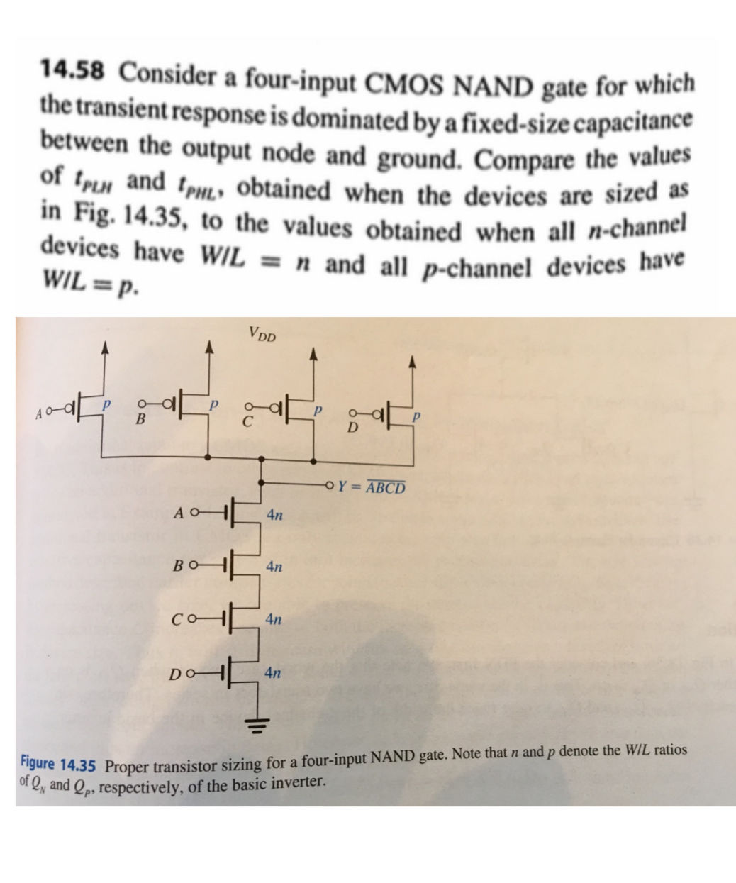 14.58 Consider a four-input CMOS NAND gate | StudyX