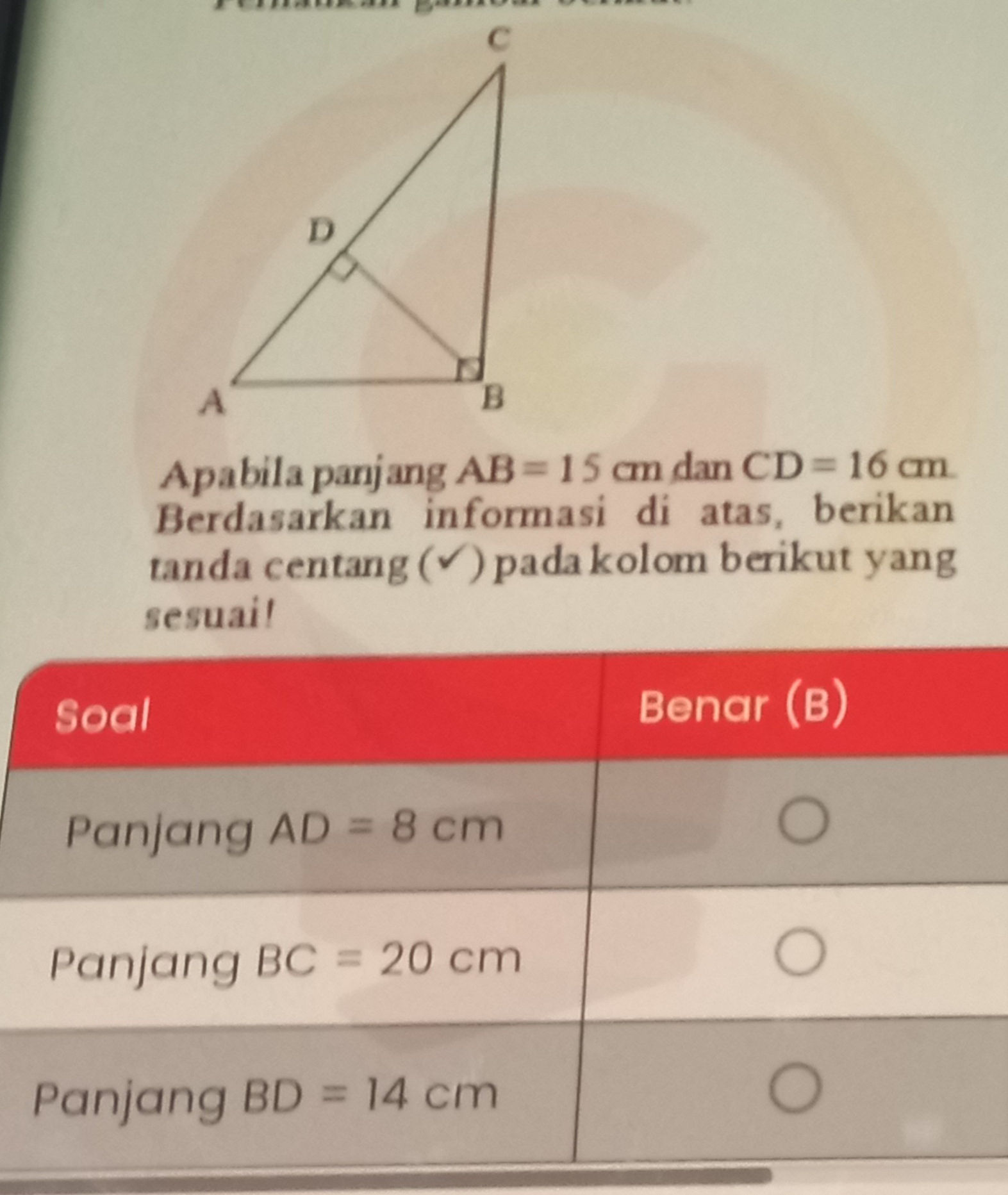Apabila panjang AB = 15 cm dan CD = 16 cm | StudyX