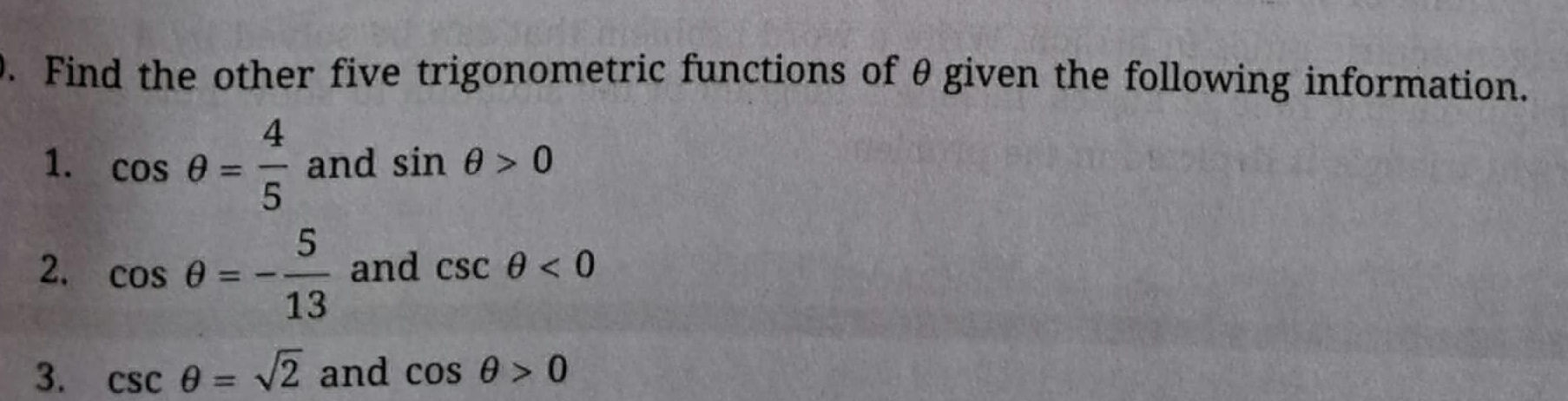 Find the other five trigonometric functions | StudyX