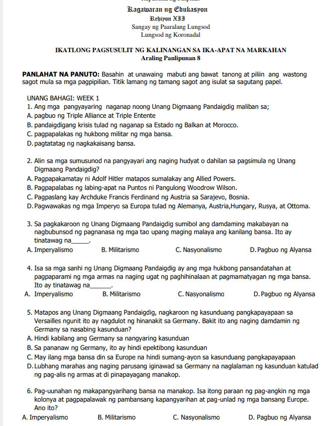 1. Ang mga pangyayaring naganap noong Unang | StudyX