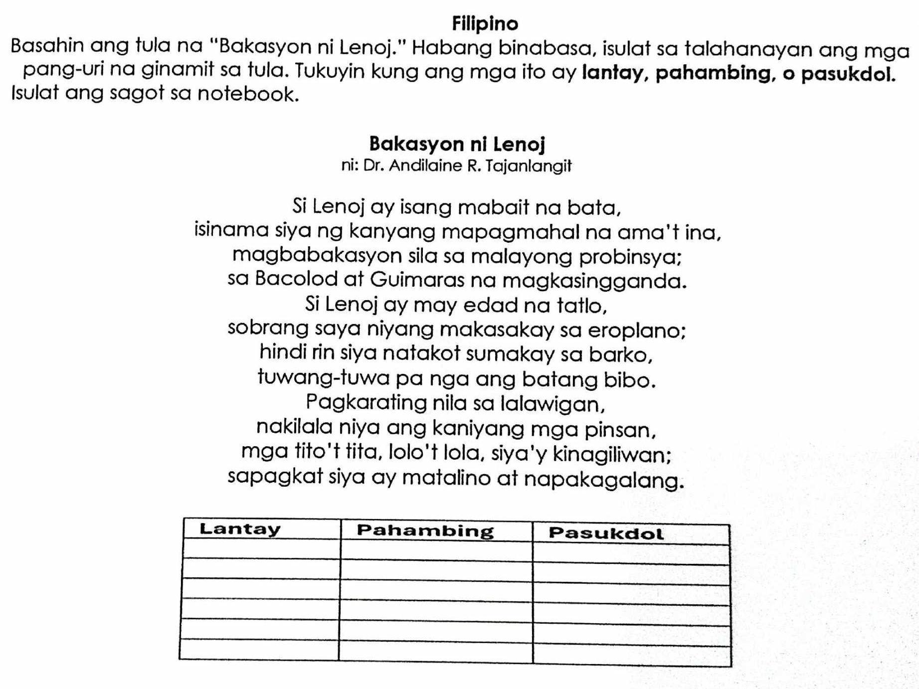 Basahin ang tula na "Bakasyon ni Lenoj." | StudyX