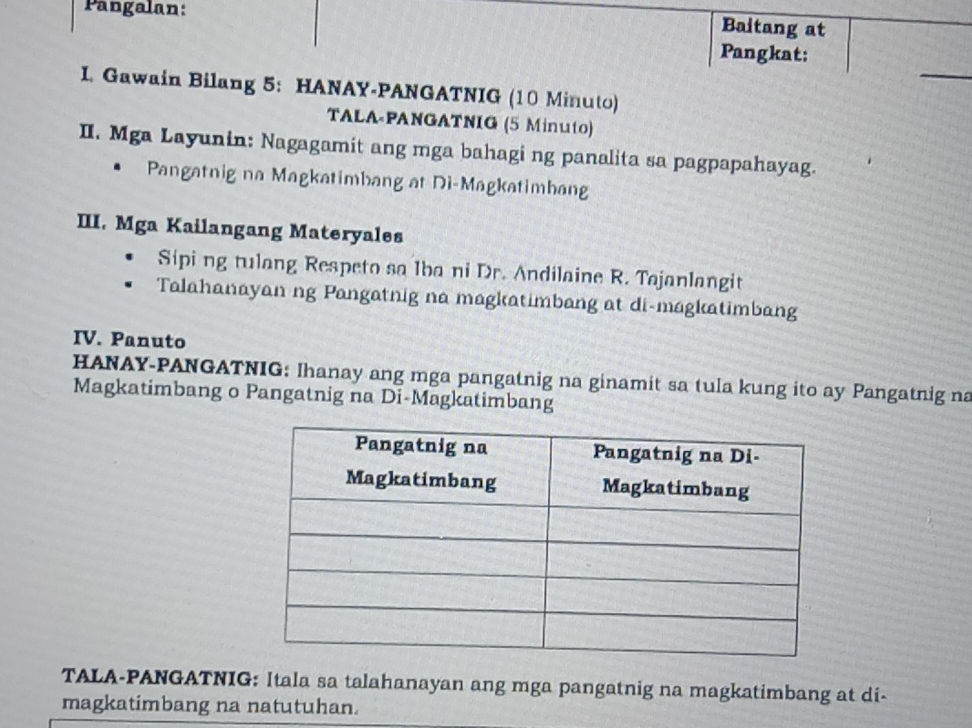 I. Gawain Bilang 5: HANAY-PANGATNIG (10 | StudyX