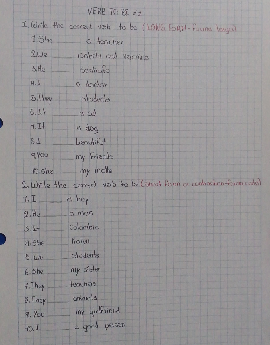 VERB TO BE #1 1. Write the correct verb to | StudyX