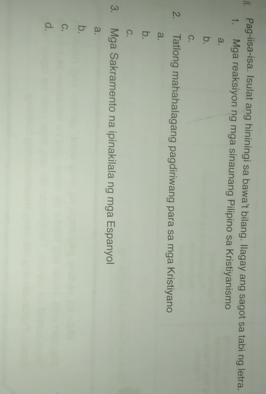 II. Pag-iisa-isa. Isulat ang hininingi sa | StudyX