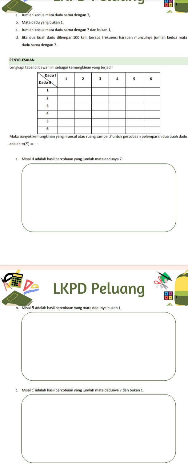 a. Jumlah kedua mata dadu sama dengan 7, b. | StudyX