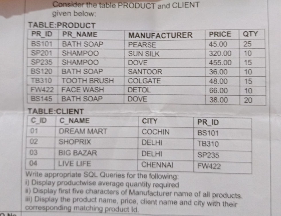 Consider the table PRODUCT and CLIENT given | StudyX