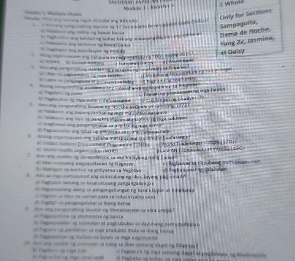 Gawain 1: Multiple Choice Panuto: Piliin | StudyX