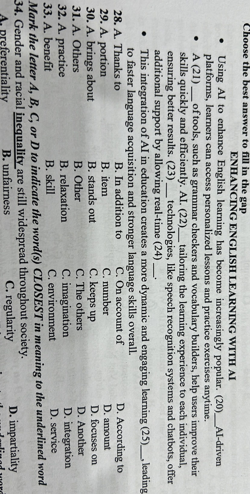 Choose the best answer to fill in the gap | StudyX