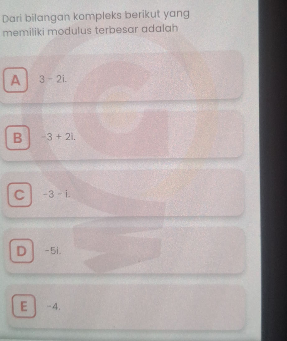 Dari bilangan kompleks berikut yang memiliki | StudyX