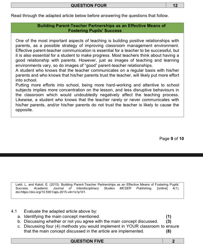 QUESTION FOUR Read through the adapted