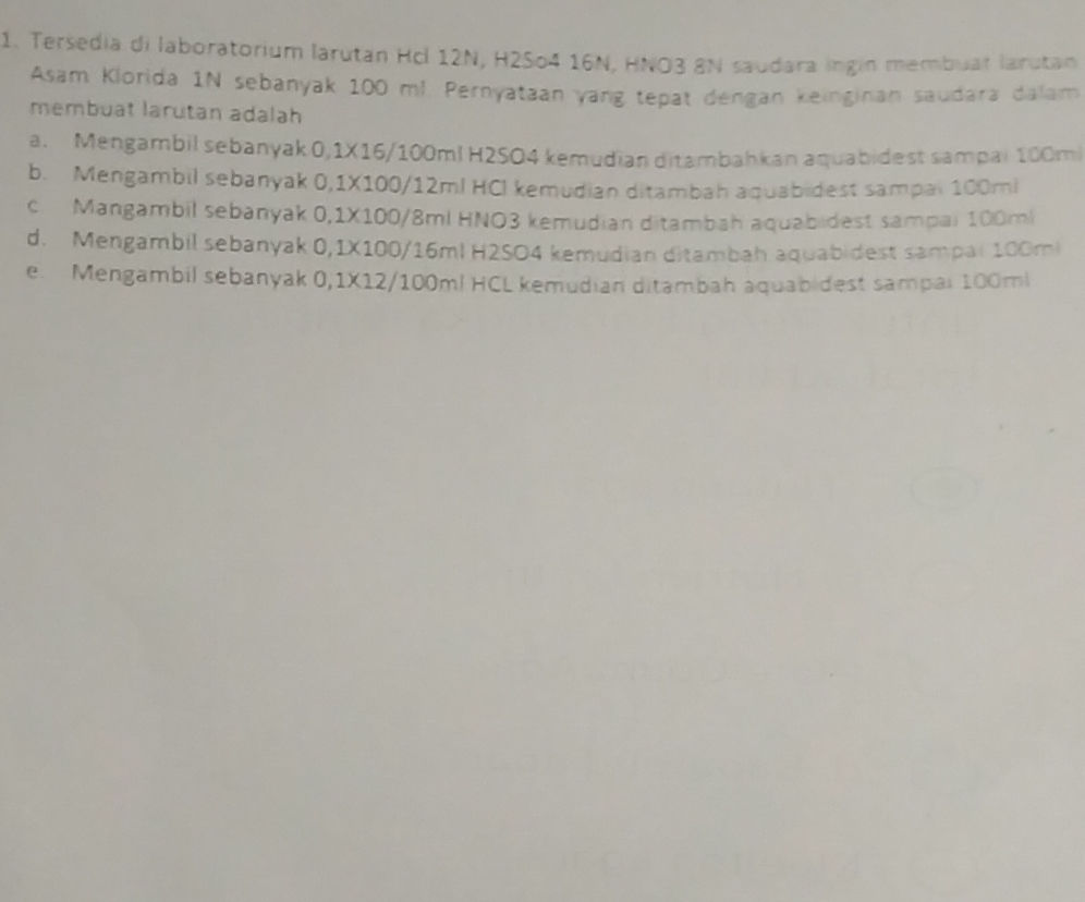 1. Tersedia di laboratorium larutan Hcl 12N, | StudyX