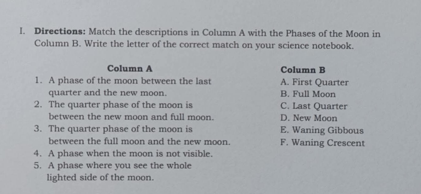 I. Directions: Match the descriptions in | StudyX