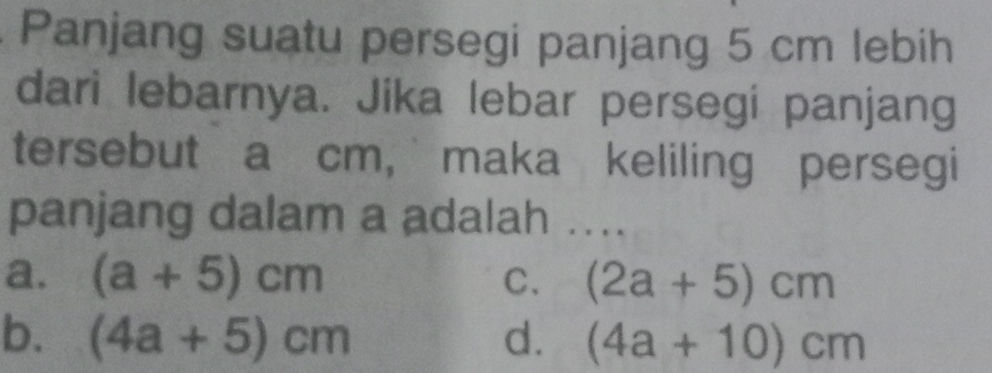 Panjang suatu persegi panjang 5 cm lebih | StudyX
