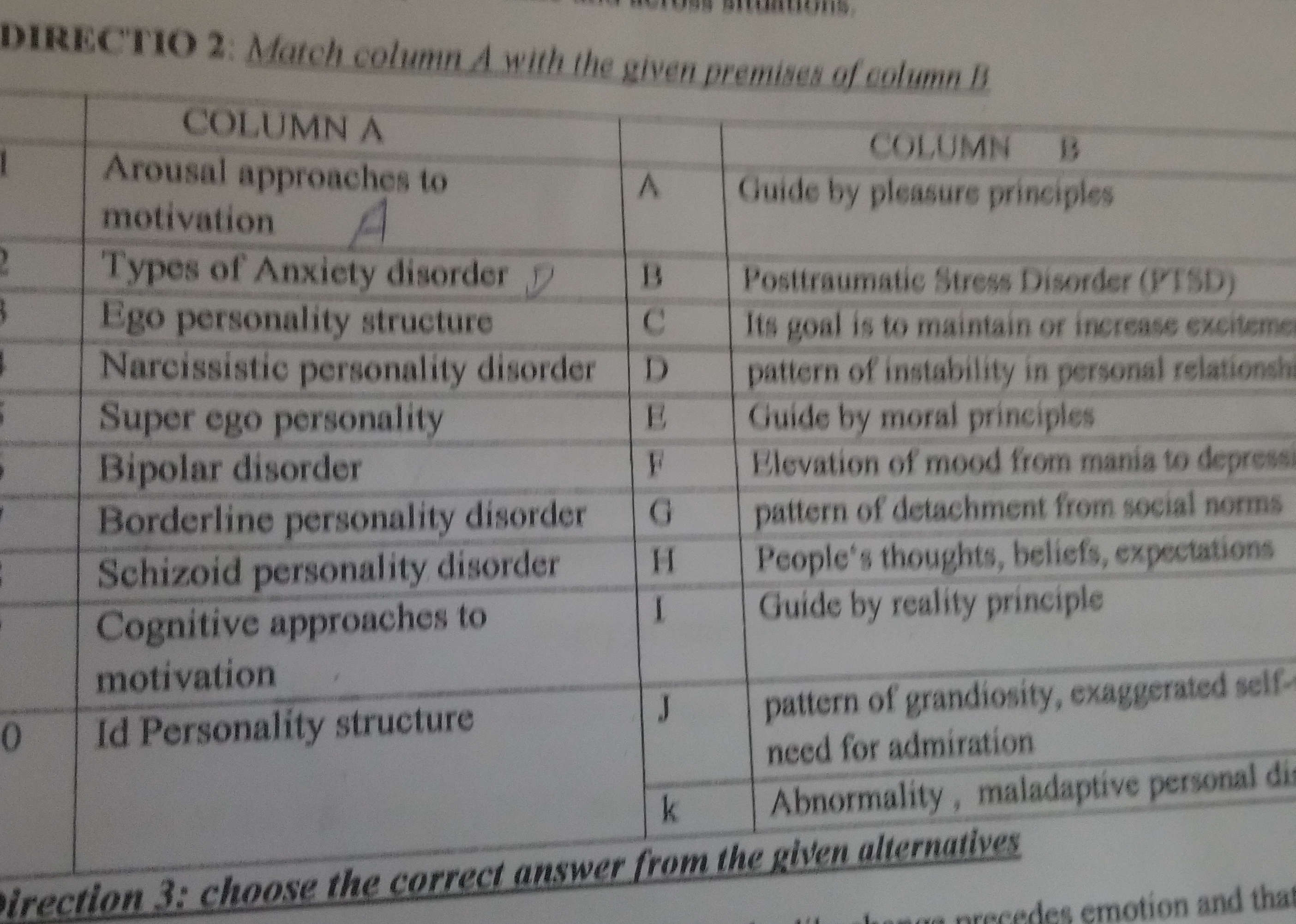 Match column A with the given premises of | StudyX