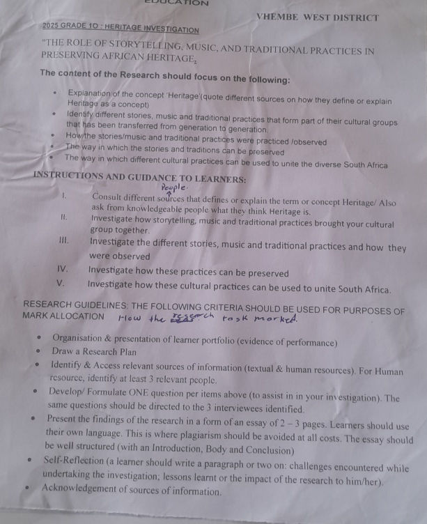 2025 GRADE 10: HERITAGE INVESTIGATION "THE | StudyX