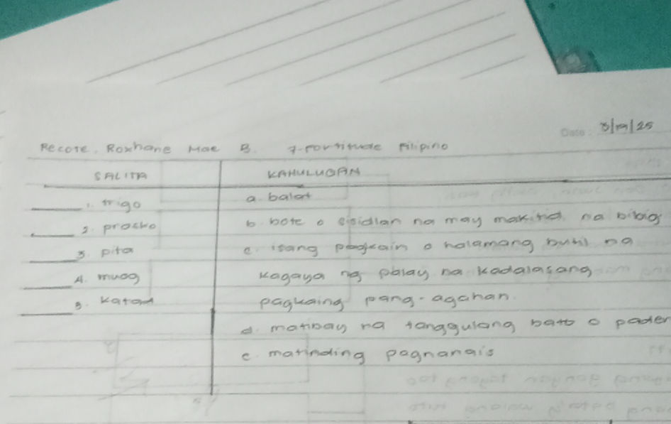SALITA | KAHULUGAN ---|--- 1. trigo | a. | StudyX