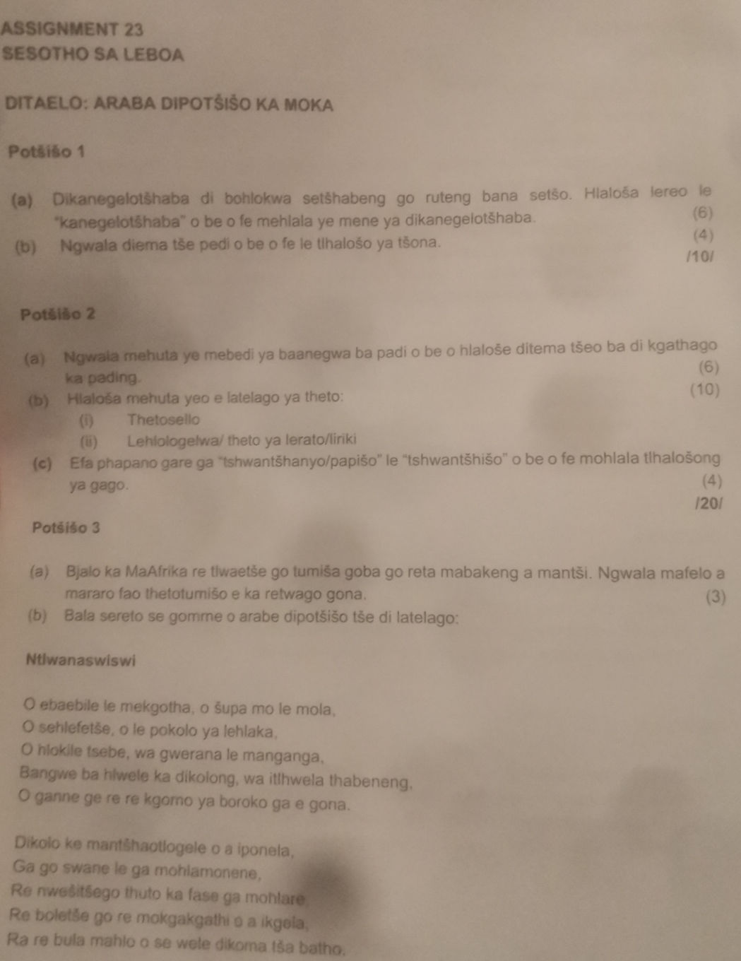 Potšišo 1 (a) Dikanegelotshaba di bohlokwa | StudyX
