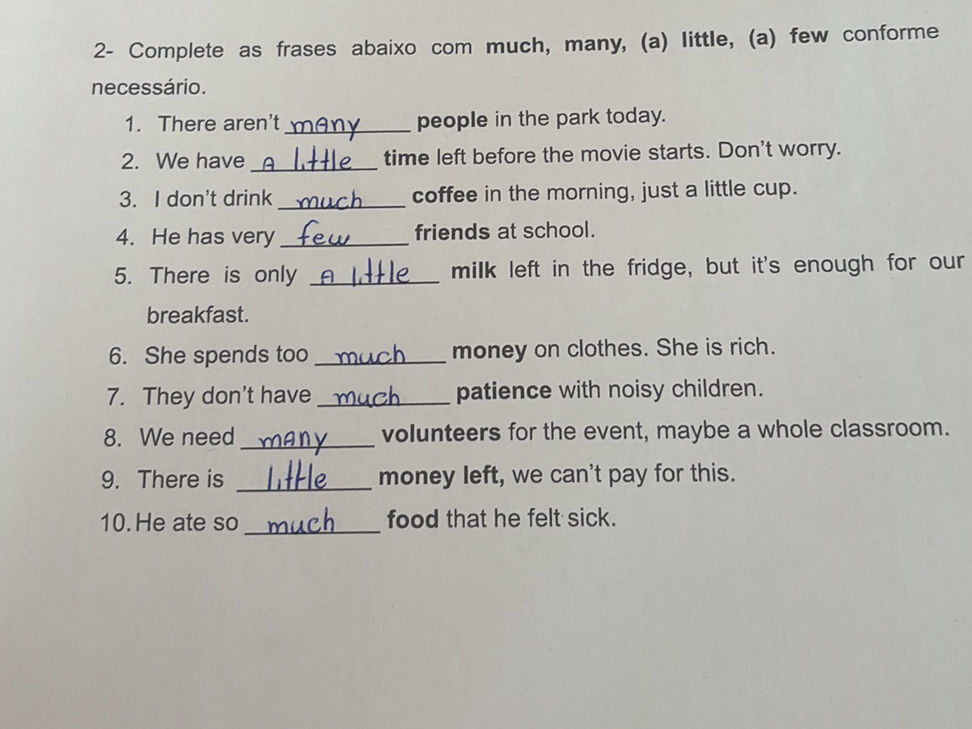 2- Complete as frases abaixo com much, many, | StudyX