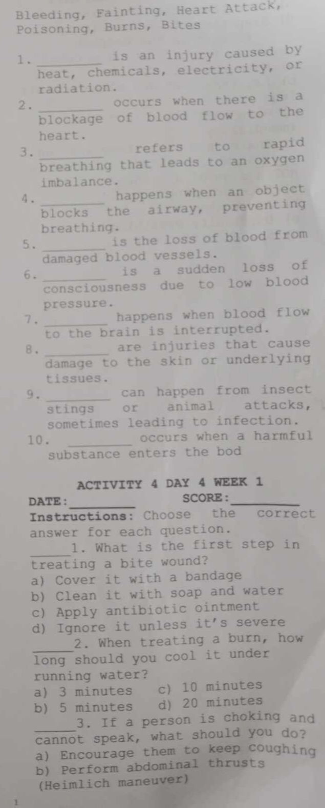 Bleeding, Fainting, Heart Attack, Poisoning, | StudyX