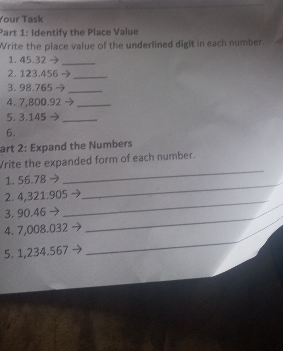 Part 1: Identify the Place Value Write the | StudyX