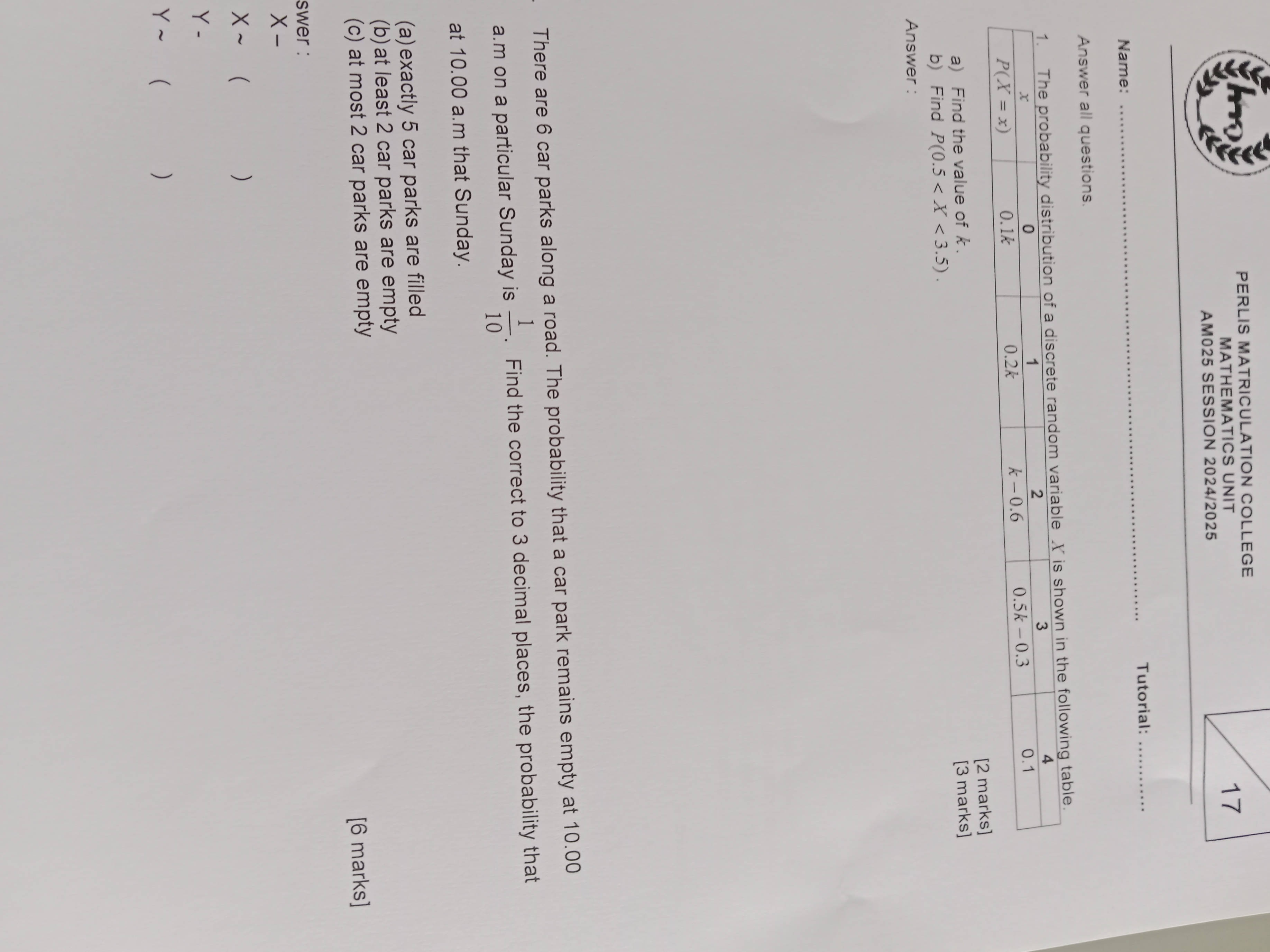 1. The probability distribution of a | StudyX