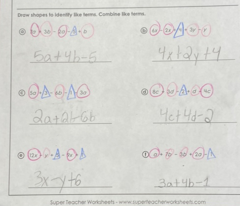 Draw shapes to identify like terms. Combine | StudyX