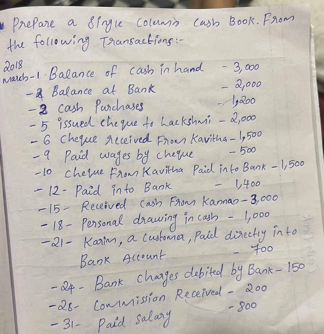 Prepare a Single Columns Cash Book. From the | StudyX
