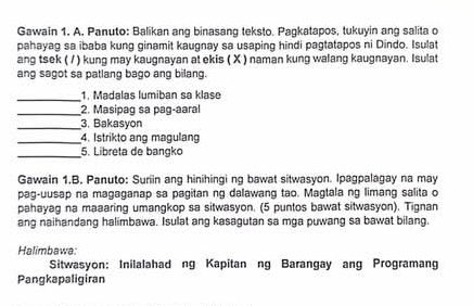 Gawain 1. A. Panuto: Balikan ang binasang | StudyX