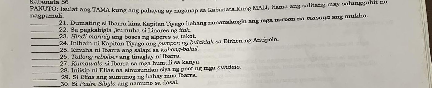 Kabanata 56 PANUTO: Isulat ang TAMA kung ang | StudyX