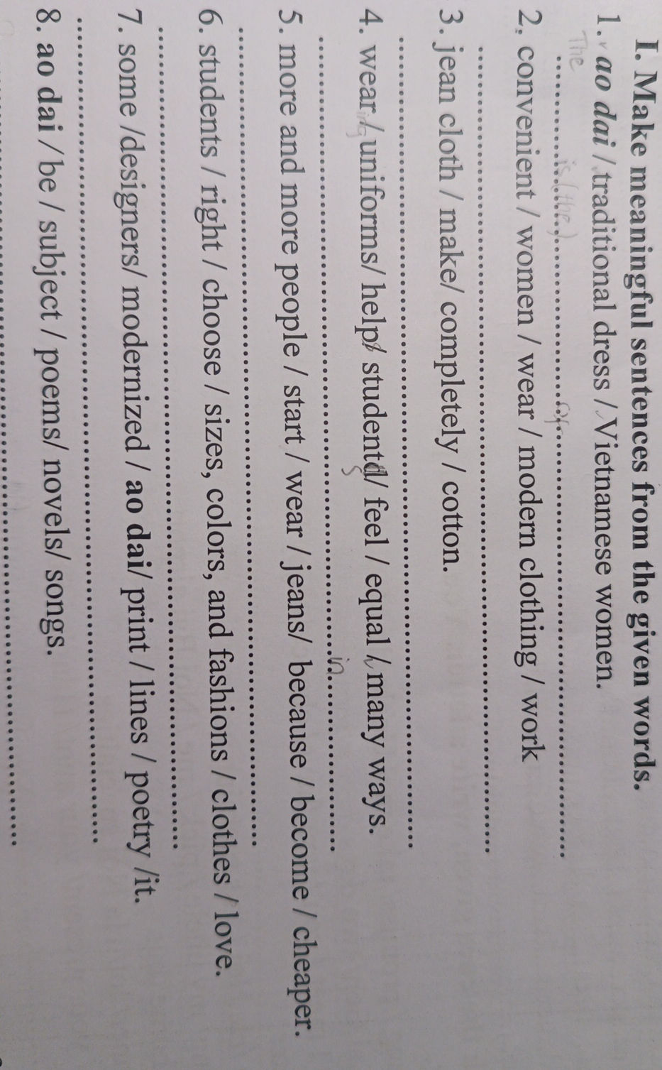 I. Make meaningful sentences from the given | StudyX