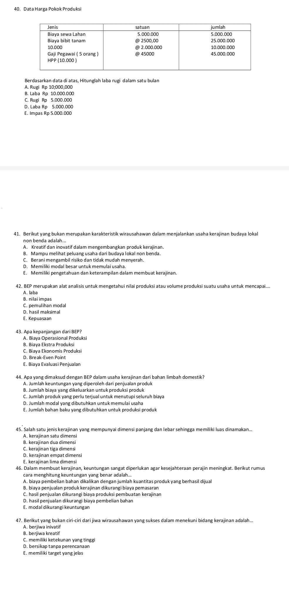 40. Data Harga Pokok Produksi | Jenis | StudyX